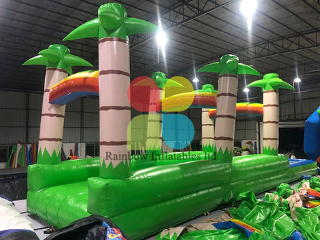 green inflatable double lines coconut tree slide with small pool from ...